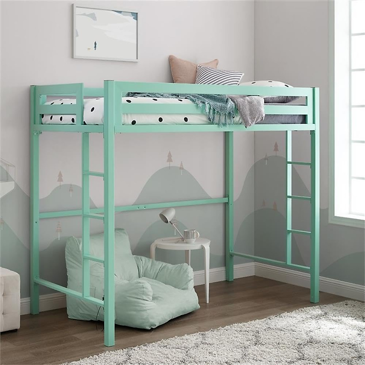 Walker Edison Brighton Classic Metal Twin over Loft Bunk Bed, Twin Size, Mint Green