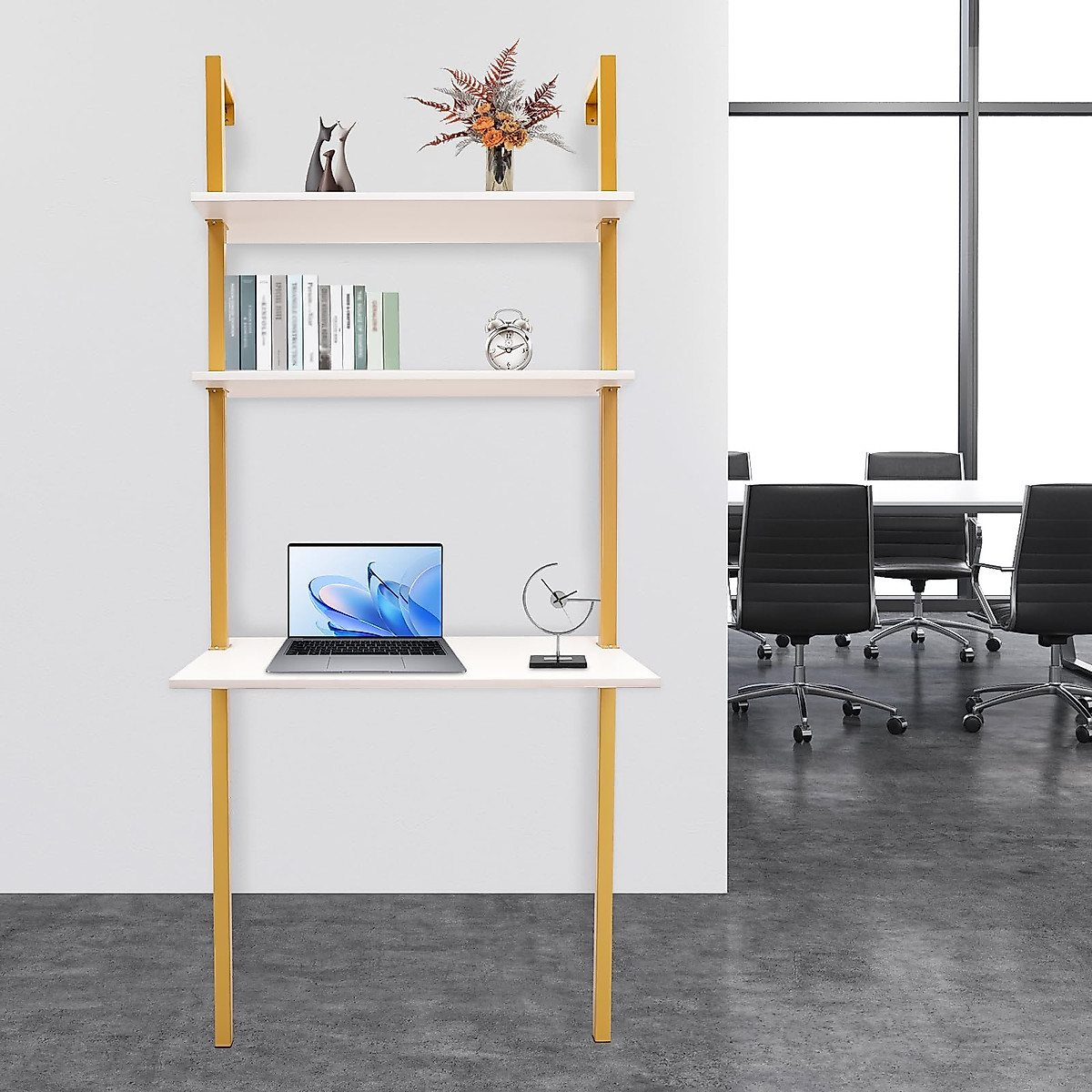 AOOCHU Wall Mounted Desk Computer Writing Table Wall Mount Ladder Small Computer Desktop 3Tier Computer Desk Storage Desk Cabinet with Power Strip for Home Office Student Dormitories (Gold, White)