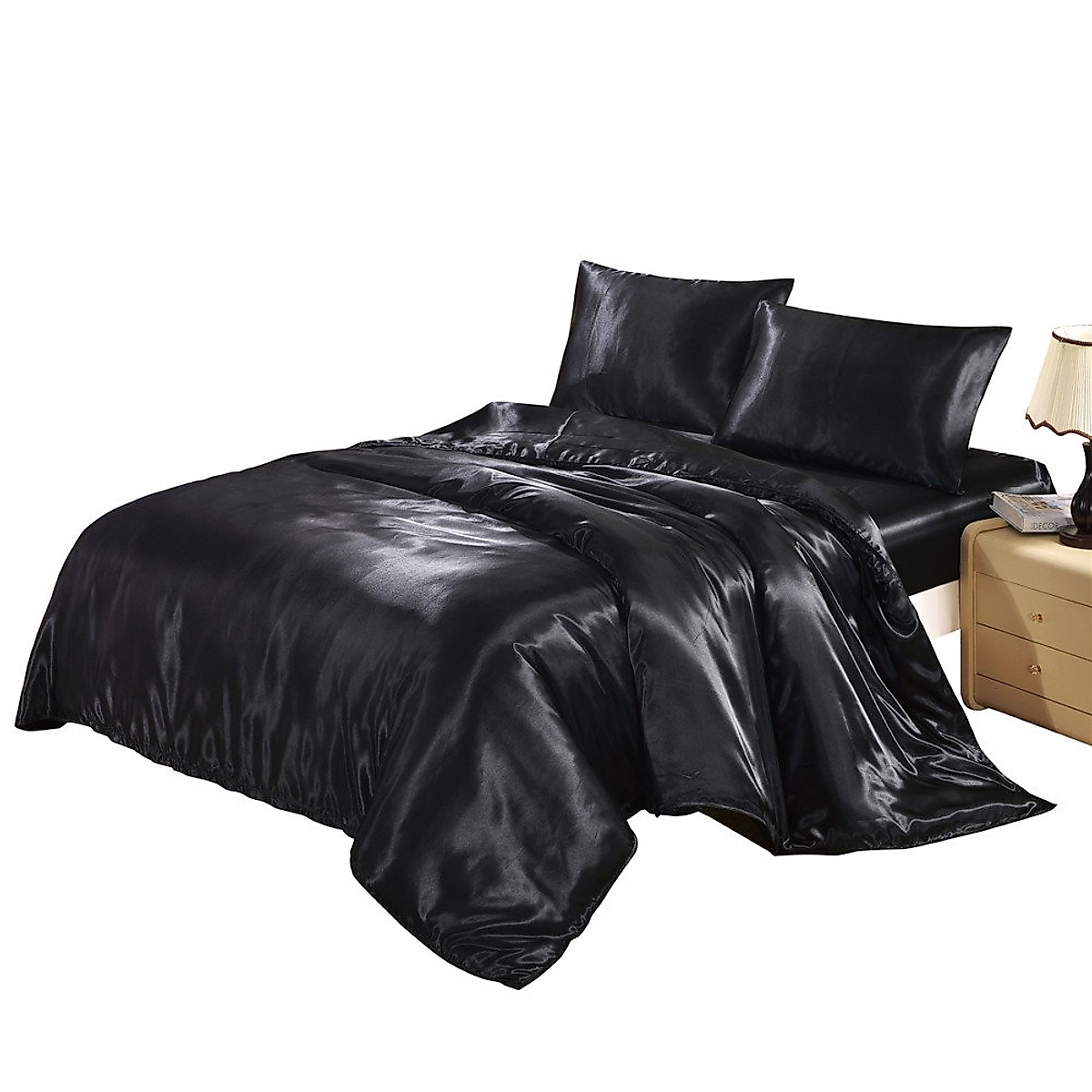 DREFEEL Hotel Quality Black Duvet Cover Set Queen/Full Size Silk Like Satin Bedding with Hidden Zipper Ties Soft Comfortable Stain Resistant Solid Quilt/Comforter Cover Set