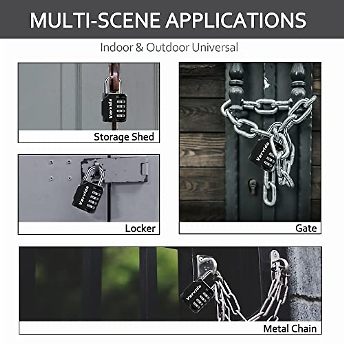 Vervida Combination Lock Resettable 2 Pack 4 Digit Outdoor Waterproof Combo Padlock for School Gym Locker, Sports Locker, Fence, Toolbox, Gate, Hasp Storage (Black)