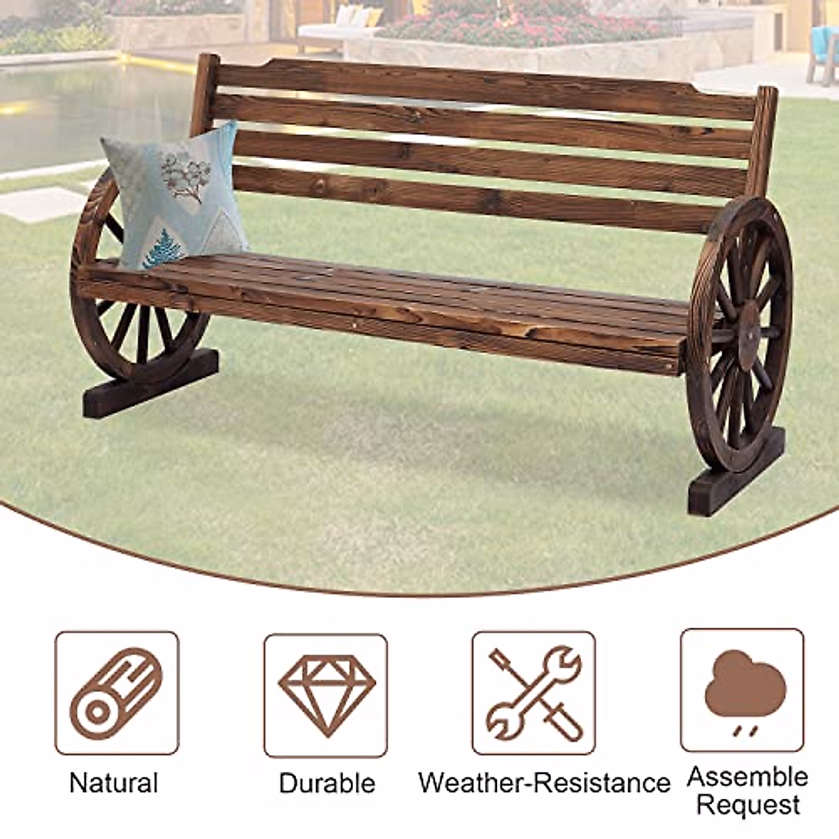 Kinfant Patio Bench Wooden Garden Seat - 55” Outdoor Rustic Brown 2-Person Wagon Wheels Furniture