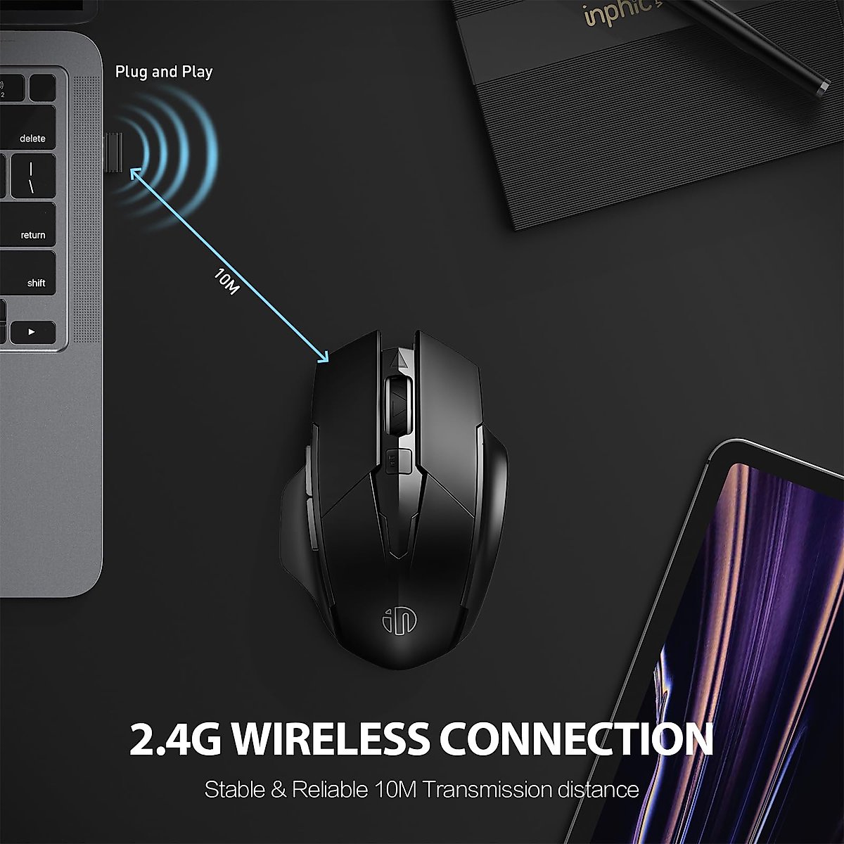 INPHIC Wireless Mouse Rechargeable, 700mAh, with USB Receiver, 6 Buttons, Ergonomic for Laptop, Computer, Mac, PC etc.