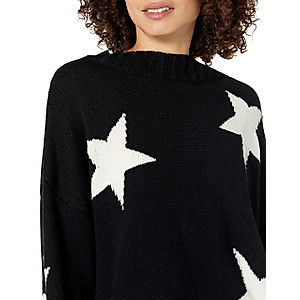 Cable Stitch Women's Intarsia Sweater – Star, Lightning Bolt, Heart Graphics Long Sleeve Crewneck Pullover Top (Black/White Star, Medium)