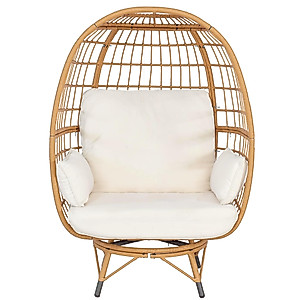 HLNPTN Patio Egg Chair Wicker Outdoor Egg Basket Chairs, Oversized Outdoor Furniture PE Rattan Patio Lounge Chair 440lb Capacity Sofa Seat with Stand & Beige Cushions for Indoor, Living Room, Backyard