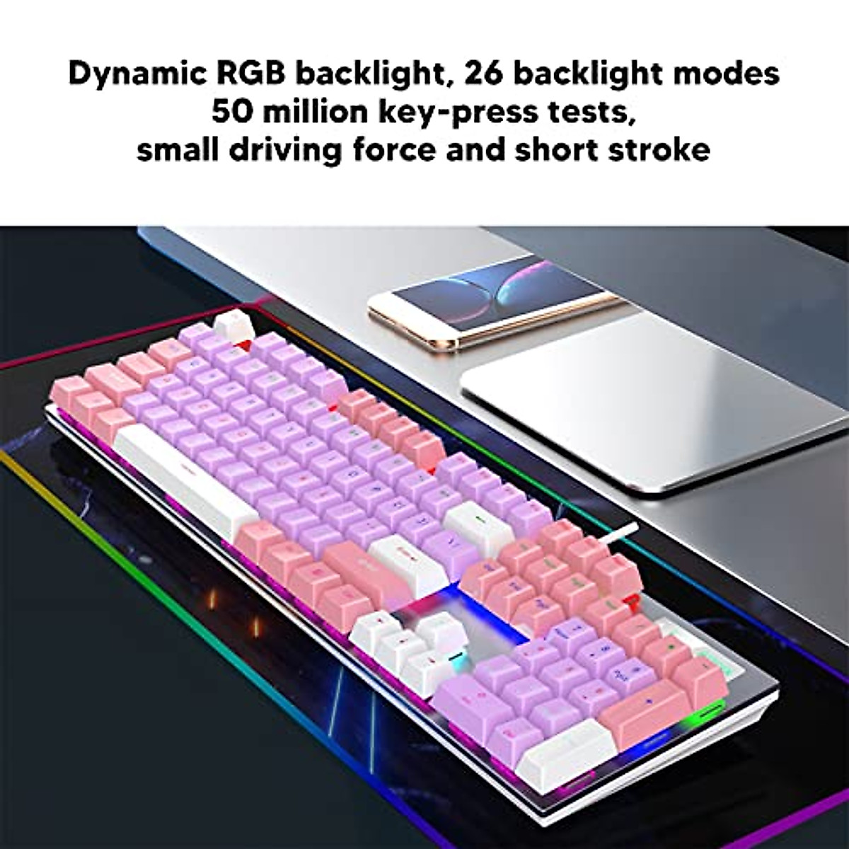 Yunseity Mechanical Gaming Keyboard, 104 Keys LED Backlit USB Wired Keyboard with Blue Switch, Portable Ergonomic Computer Keyboard for for OS Blue Switch