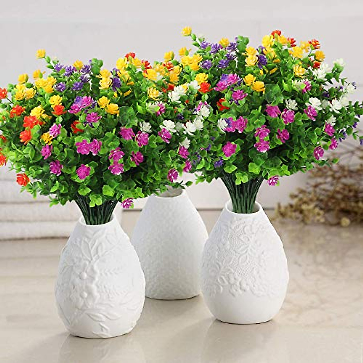 Elechood 10 Bundles Artificial Flowers, Outdoor Gypsophila Baby's Breath Fake Flowers, UV Resistant Faux Plastic Greenery Shrubs Hanging Plants for Home Wedding Garden Porch Window Box Decoration