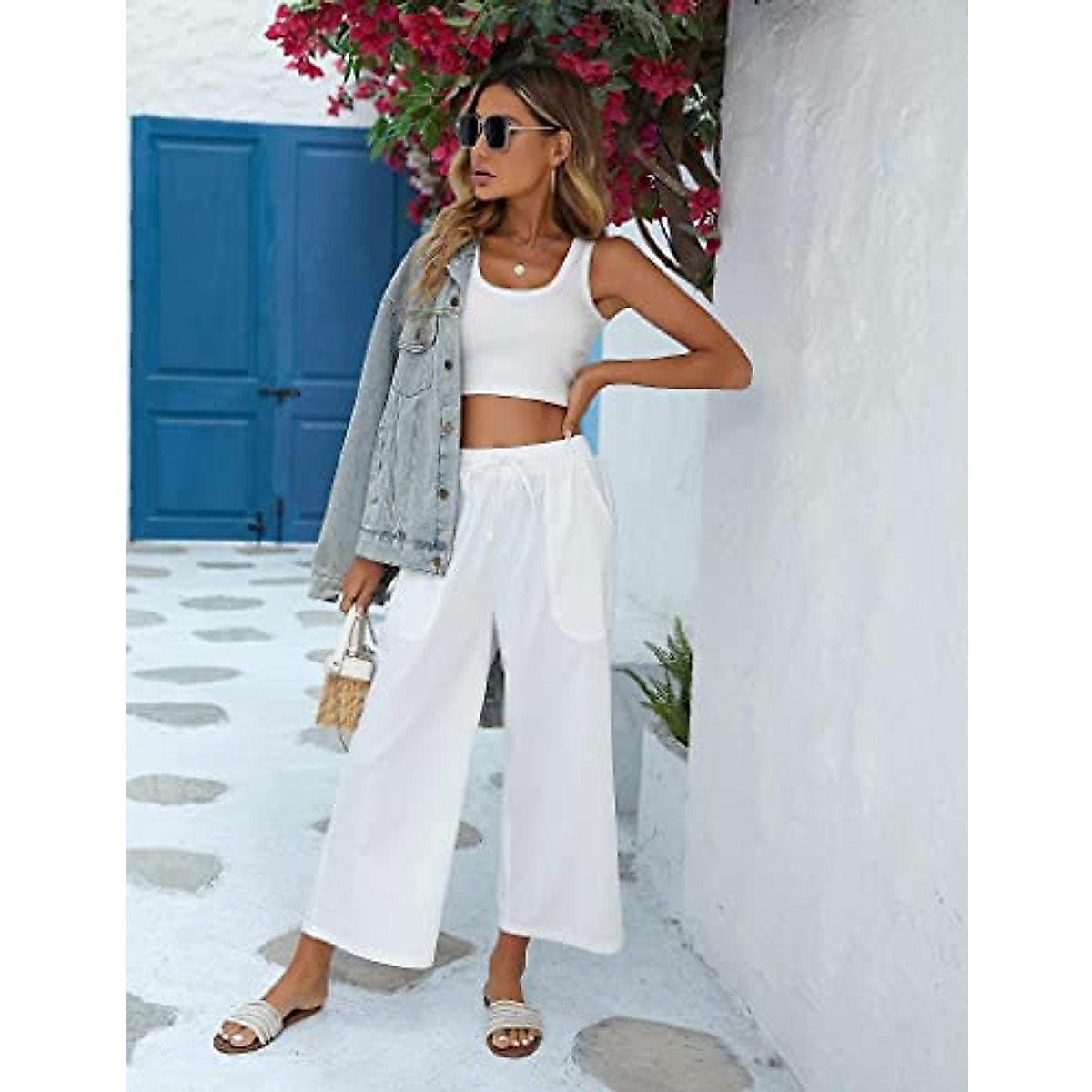 Zeagoo Women's Summer Cotton Linen Palazzo Pants Drawstring Waist Wide Leg Pocket Loose Casual Trousers White M