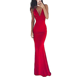 Andongnywell Women Sexy Spaghetti Strap Mermaid Evening Maxi Dress V Neck Long Formal Evening Gown Dress (Red,Large)