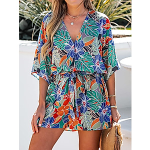 CUPSHE Women's V Neck Romper Half Sleeve Jumpsuit Tropical Hawaii Leaf Belted Belt Romper Wide Leg Outfit Black