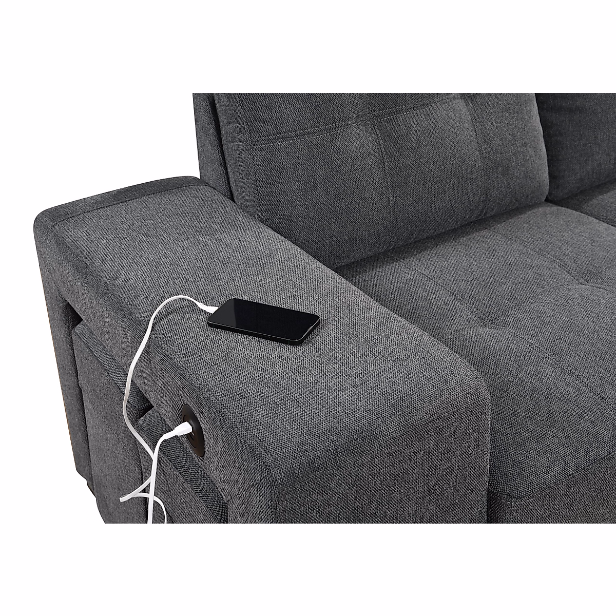 THSUPER 100 inch Linen Sectional Sleeper Sofa with Pull Out Bed, L Shaped Convertible Sectional Sleeper Couch with Storage Ottoman, 2 Foot Stool and USB Ports, Dark Gray