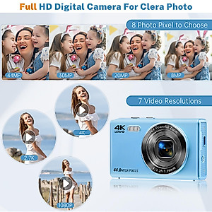Digital Camera, Saneen FHD Kids Cameras for Photography, 4K 44MP Compact Point and Shoot Camera for Kids, Teens & Beginners with 32GB SD Card,16X Digital Zoom, 2 Rechargeable Batteries-Blue