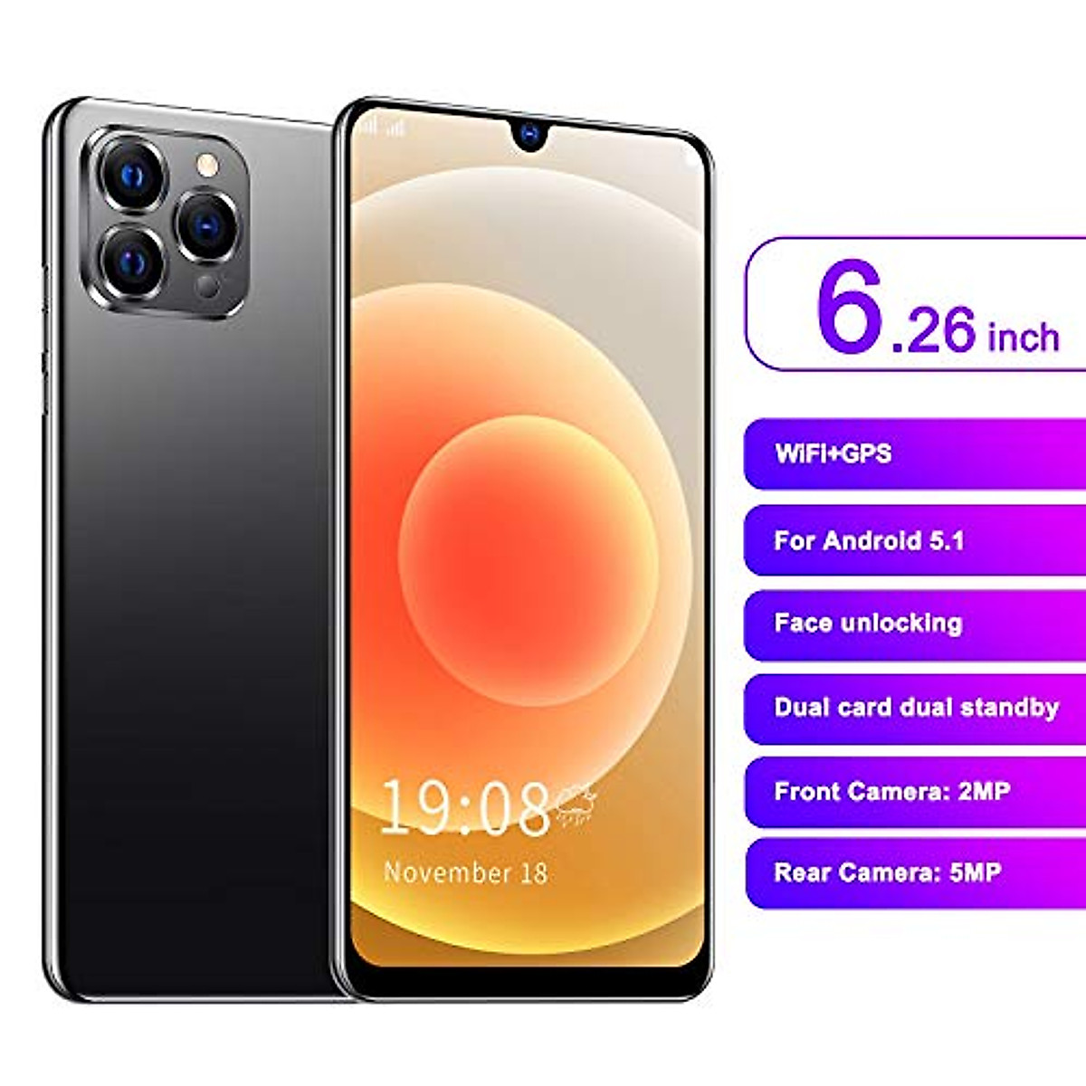 Vbestlife IP12 PRO Unlocked Android Smartphone,6.26in Waterdrop Full Screen Dual SIM Cell Phone,Ultra Thin Mobile Phone Supports Face Fingerprint Unlocking,Quad Core CPU,Triple Rear Camera Black