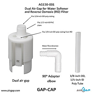 Dual Air Gap for Water Softener and Reverse Osmosis with 5/8 or 1/2-inch and 3/8 or 1/4-inch inlets, 1-1/2 or 2-inch Standpipe (8500, GAP-CAP, AG130-001)