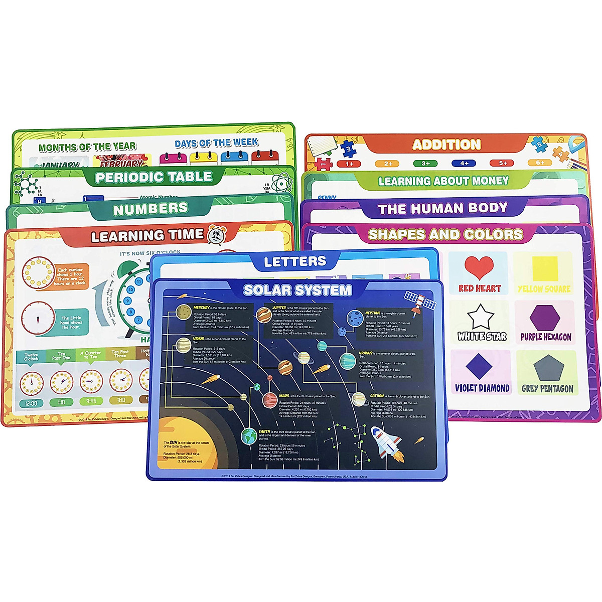 Fat Zebra Designs Educational Placemats - Set of 10 Learning Placemats - Easy Clean, Durable & Reusable Kids Table Mats - 12x17 Inches