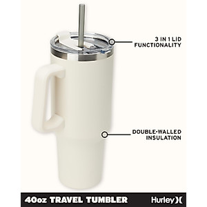 Hurley Tumbler Thermos - 40oz Double Wall Vacuum Insulated Travel Mug with Handle - BPA Free Stainless Steel Water Bottle - Leak Proof Hot and Cold Coffee Car Cup, Size 40 Ounces, Ivory