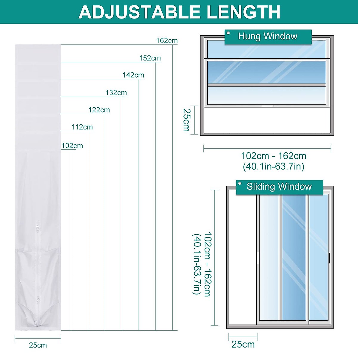 Brosyda Portable AC Window Kit, Air Conditioner Window Vent Kit, 9.8"(W) x 40"~63"(L) Adjustable,Waterproof No Drilling, Easy to Install Window Seal for Portable AC Unit