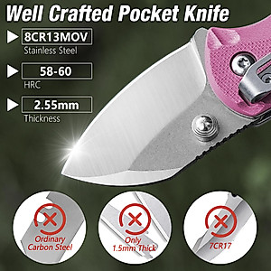 FLISSA 4" Small Folding Pocket Knife, Lightweight Utility Knife, Pink G10 Handle, EDC Pocket Knife with 8Cr13MoV Steel Blade, Carry Pocket Clip, Bottle Opener and Flat Head Screwdriver, Liner Lock