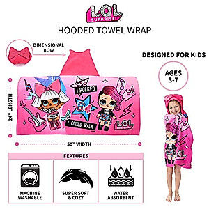 L.O.L. Surprise Soft Cotton Hooded Bath Towel Wrap, 24” x 50”, Pink