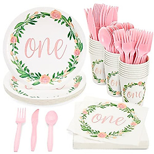 Juvale Baby Girl 1st Birthday Decorations, Floral One Year Old Party Plates, Napkins, Cups, Pink Cutlery (144 Pieces, Serves 24)