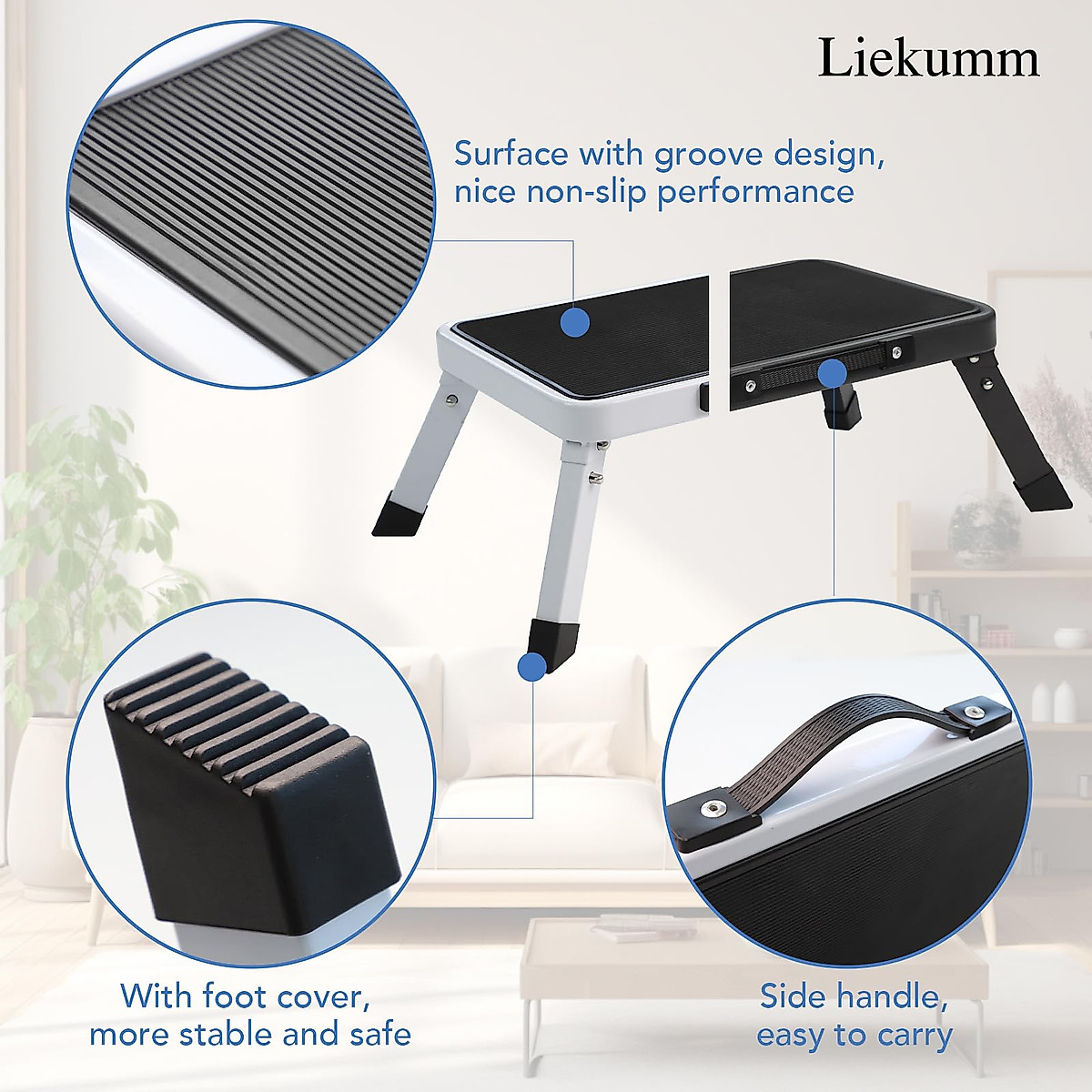 LIEKUMM Foldable Step Stool, 330lbs Capacity Step Ladder, Step Stool with Non-Slip Platform, Folding Step Stool, Portable One Step Stool for Kitchen, Bedroom, Office, Camping, White