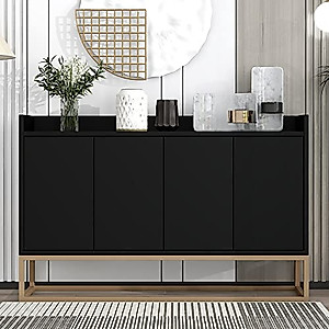 P PURLOVE Modern Sideboard Elegant Buffet Cabinet with Large Storage Space, Sideboard with Adjustable Height Shelves and 4 Doors for Dining Room, Entryway (Black)
