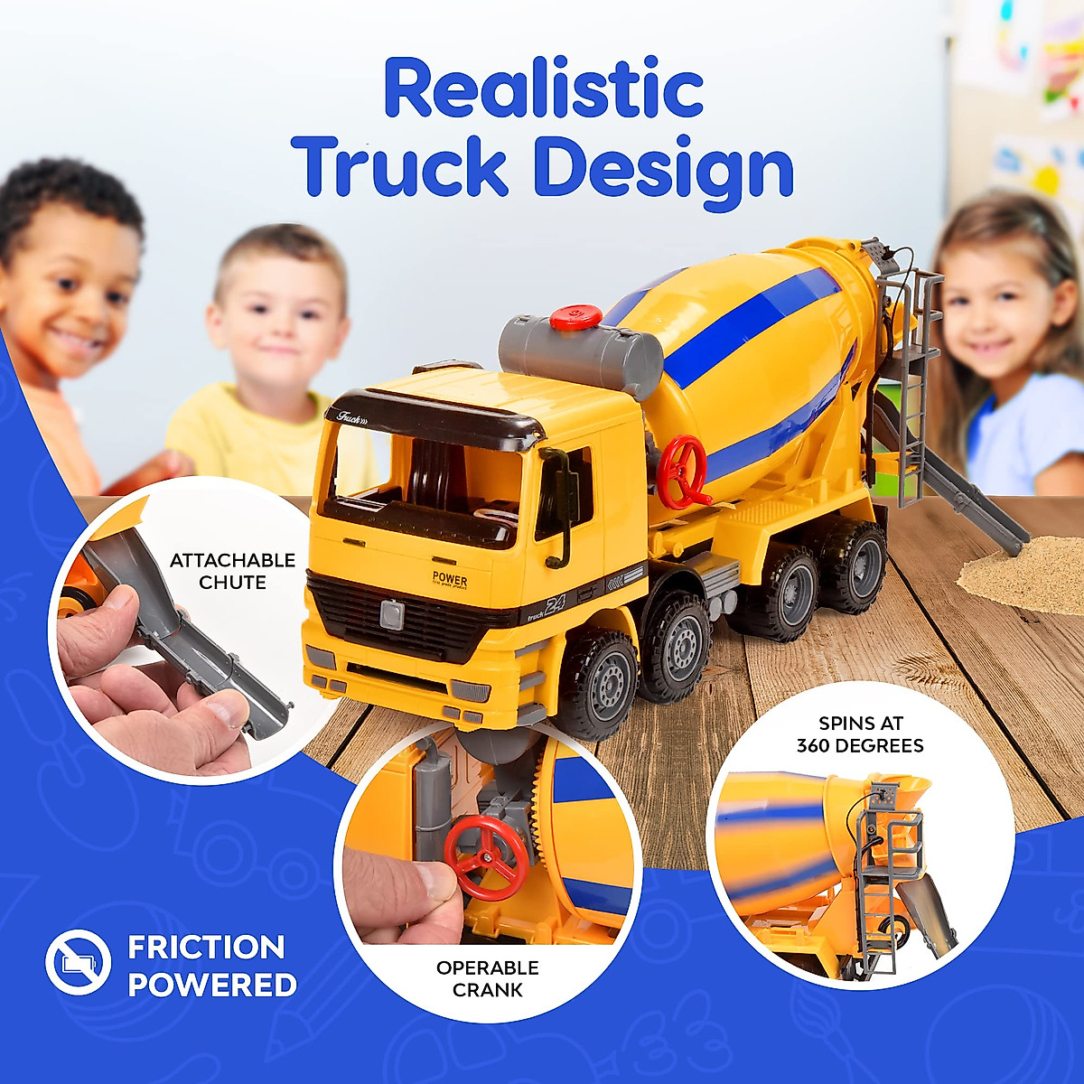 BEEMO Cement Mixer Toy Truck for Kids 15" Push and Go Sand Construction Vehicle for Toddlers Boys & Girls Realistic Play Mixer Birthday Party Gift