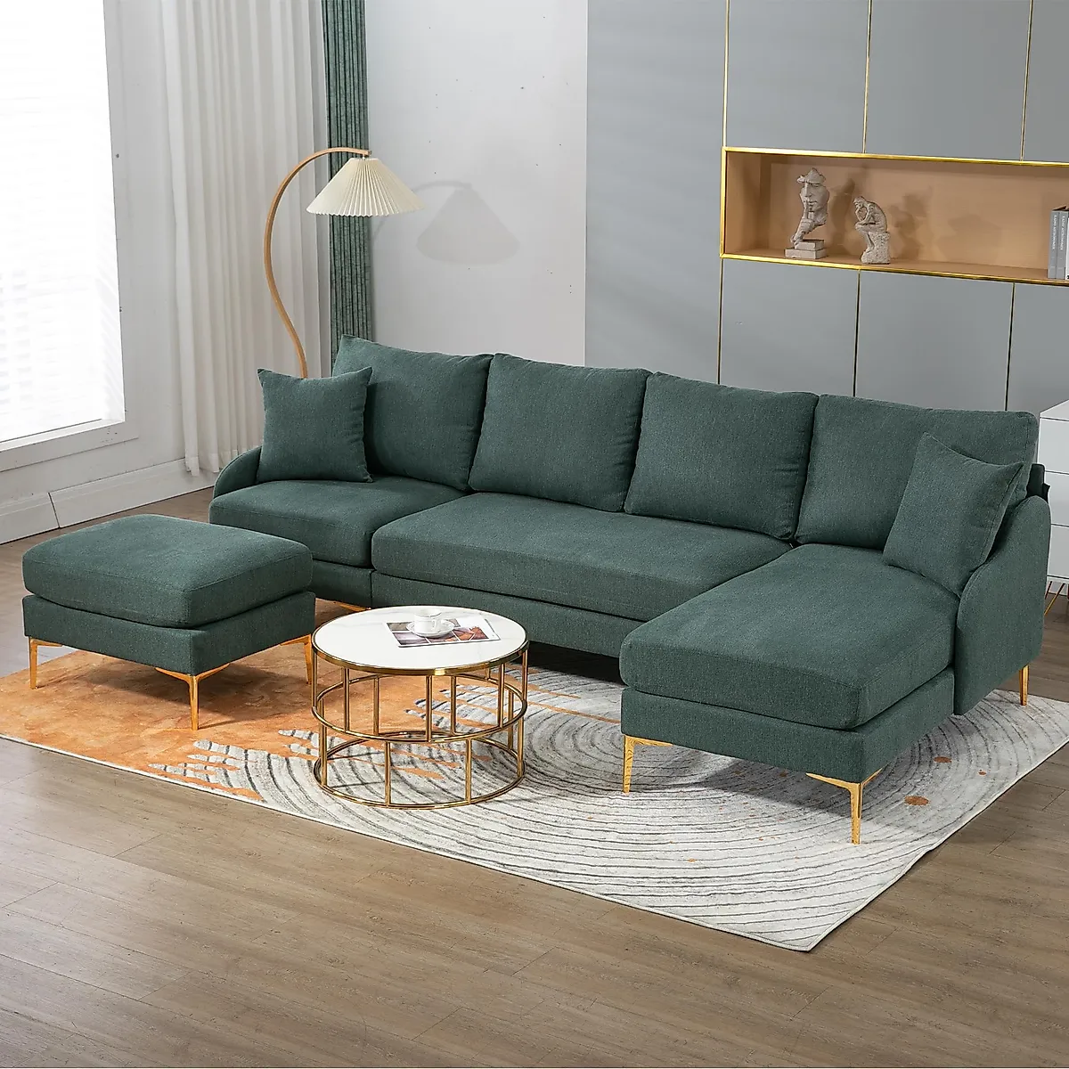 Haplized Modern U-Shape Sectional Sofa, 110'' Reversible Left or Right Chaise of Sectional Couch, 4-Seat Couch with Chaise and Ottoman, Comfortable Sectional Couches for Living Room Apartment, Green