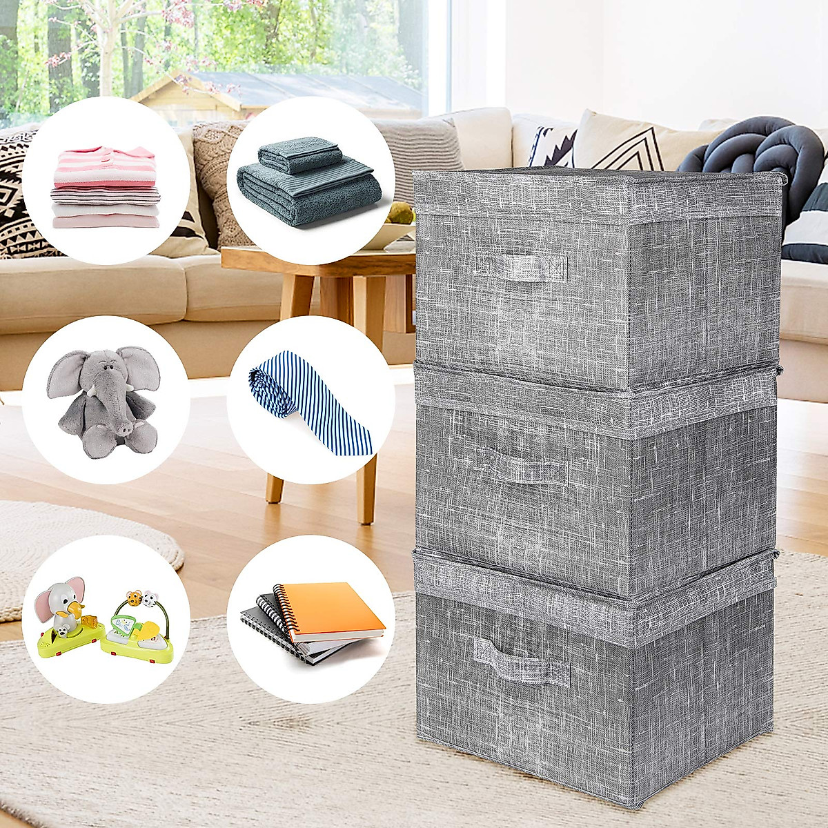 OBewe Foldable storage box Lid storage bin With handle storage box fabric container storage basket Convenient storage pack of 3 Suitable for home bedroom office(Gray, Medium)
