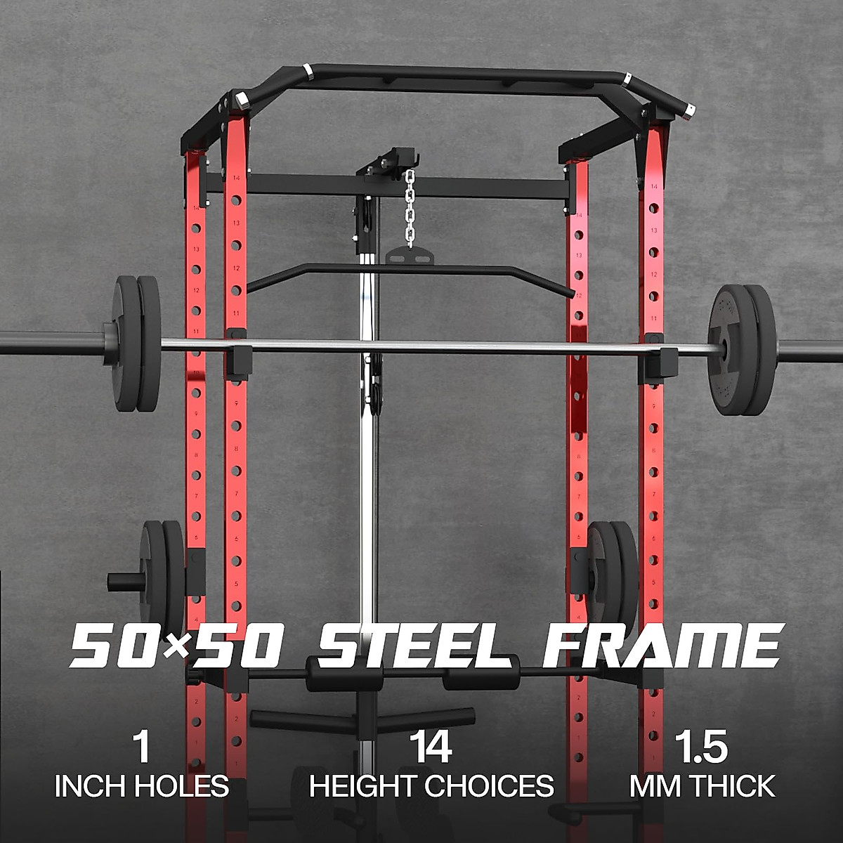 Mappding 1500 LBS Power Cage, Squat Rack for Home Gym with LAT Pullup System with 3 Grip Variations, Leg Hold-Down Attachment, Weight Cage with More Training Attachment for Garage Workout, Q2 Red