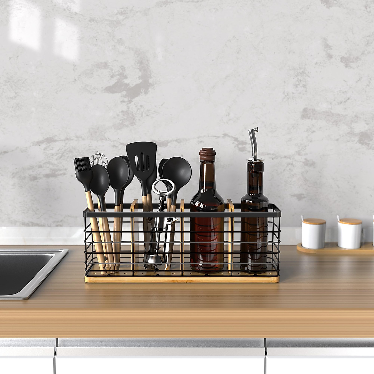 ALOCEO Kitchen Utensil Holder for Countertop - Large Matte Black Utensil Holder with Wooden Base - Multifunctional Farmhouse Cooking Utensil Organizer, Rustic Cooking Utensil with 4 Compartments