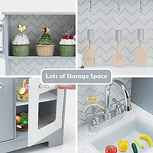 Costzon Kids Kitchen Playset, Wooden Pretend Cooking Playset w/Stove, Fridge, Microwave, Removable Sink, Water Dispenser w/Light Sound, Cabinets, Great Gift for Boys Girls