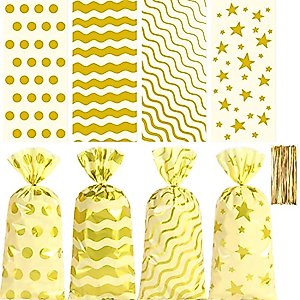 GITMIWS 120pcs Cellophane Bags, Gold Candy Cookie Favor Bags, Plastic Gift Bags with Twist Ties for Birthday Wedding Favors Party Supply Bags (4 Pattern)