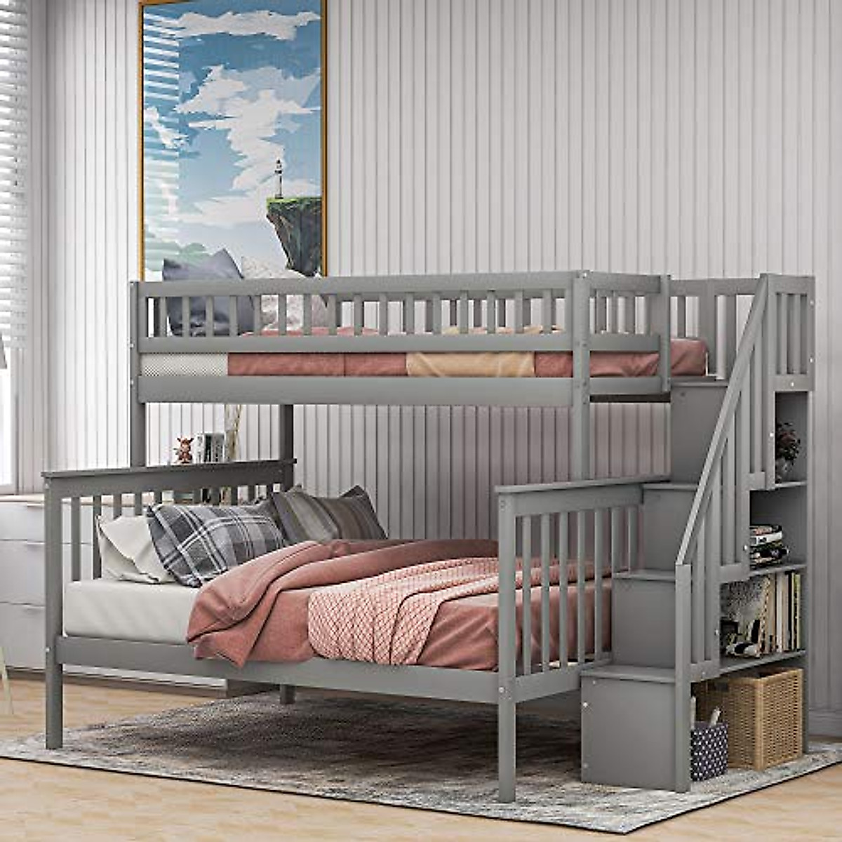 Merax Twin Over Full Bunk Bed with Stairs, Wood Bed Frame with Storage Space and Guard Rail for Bedroom, Dorm, for Teens, Adults, Grey