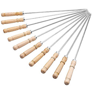 HAKSEN 16 inch Kabob Skewers with Wood Handle for BBQ Camping Cookware Campfire Grilling Cooking, Stainless Steel, 10PCS