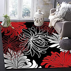 Maliyand Indoor Area Rug, Chrysanthemum Flower Abstract Floral Pattern Red Black White Anti-Skid Rectangle Accent Rugs for Children Bedroom Living Room Nursery Decoration, 2'7"x5'