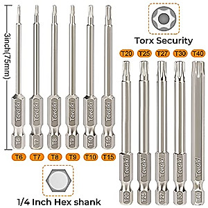 Torx Bit Set, Tonsiki 11PCS Security and Tamper Proof Star Bits Set S2 Steel with Magnetic, 3'' Long, T6-T40