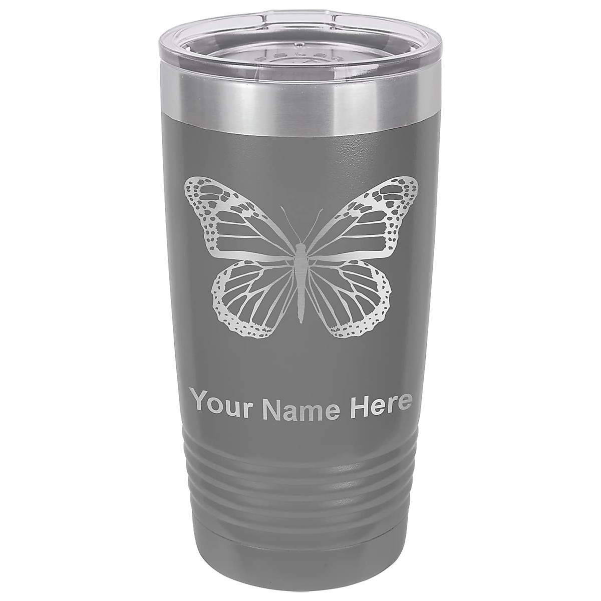 LaserGram 20oz Vacuum Insulated Tumbler Mug, Monarch Butterfly, Personalized Engraving Included (Gray)
