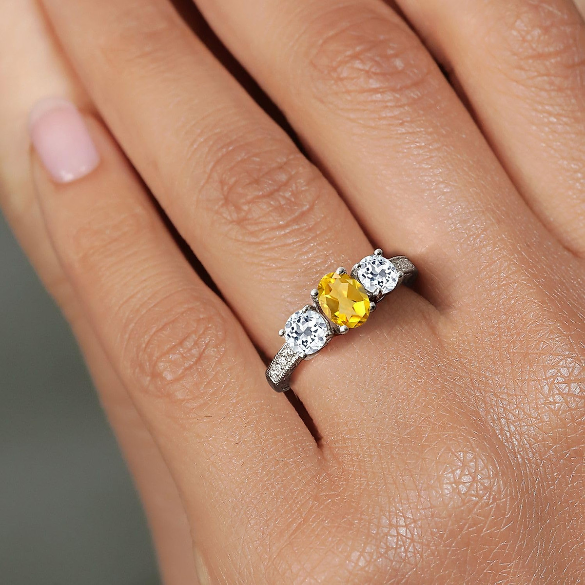 Gem Stone King 925 Sterling Silver Yellow Citrine and White Topaz 3 Stone Ring For Women (1.72 Cttw, Gemstone Birthstone, Available In Size 5, 6, 7, 8, 9)