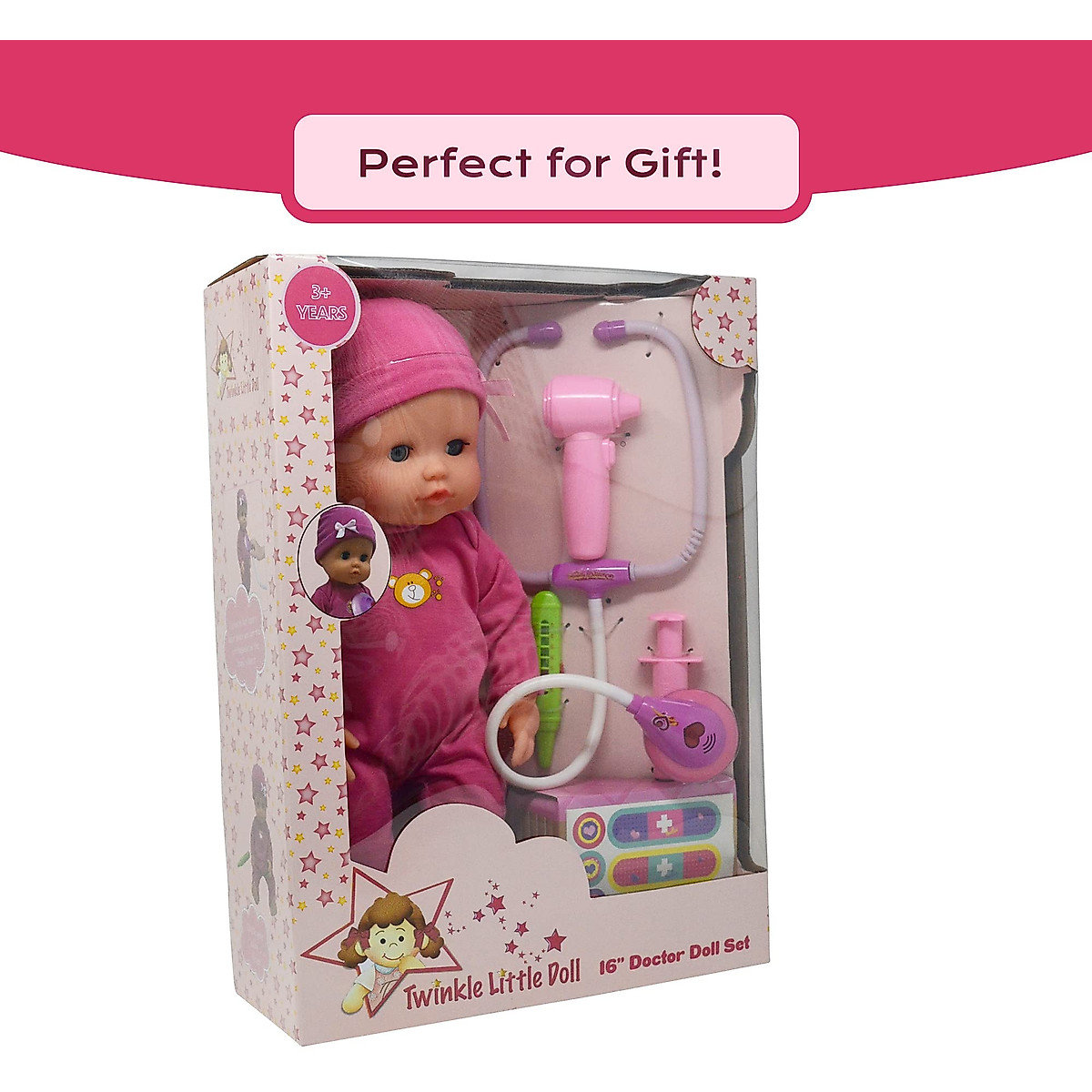 Interactive 16” Baby Doll Toy Doctor Kit with Light Up Heartbeat Sound Stethoscope, Pretend Role Play Accessories Set - Medical Checkup Playset Gift Pack for Kids, Girl Toddler – Pink, (16 Inch)