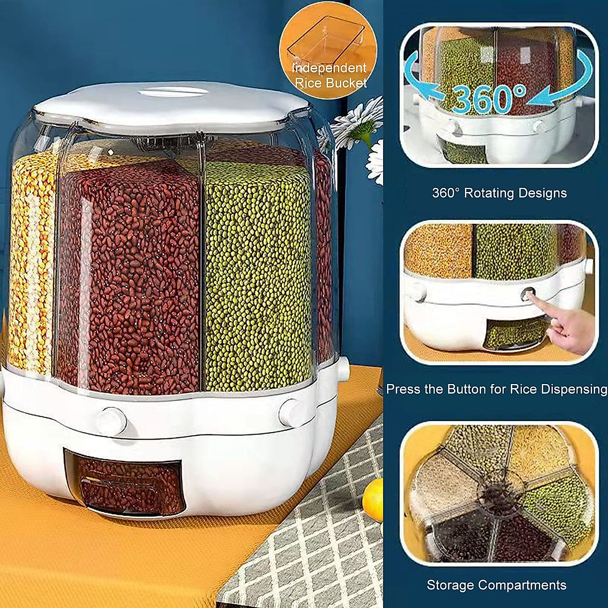 Zerodis Rice and Grain Storage Container, 360° Rotating Food Dispenser with Lid for Black Rice, Yellow Rice and Other Small Beans(White 9kg / 19.84lb)