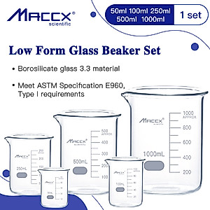 Maccx Sturdy Glass Beakers, 5 Sizes of 50ml 100ml 250m 500ml 1000ml,3.3 Borosilicate Griffin Low Form with Printed Graduation, BKLS02-005