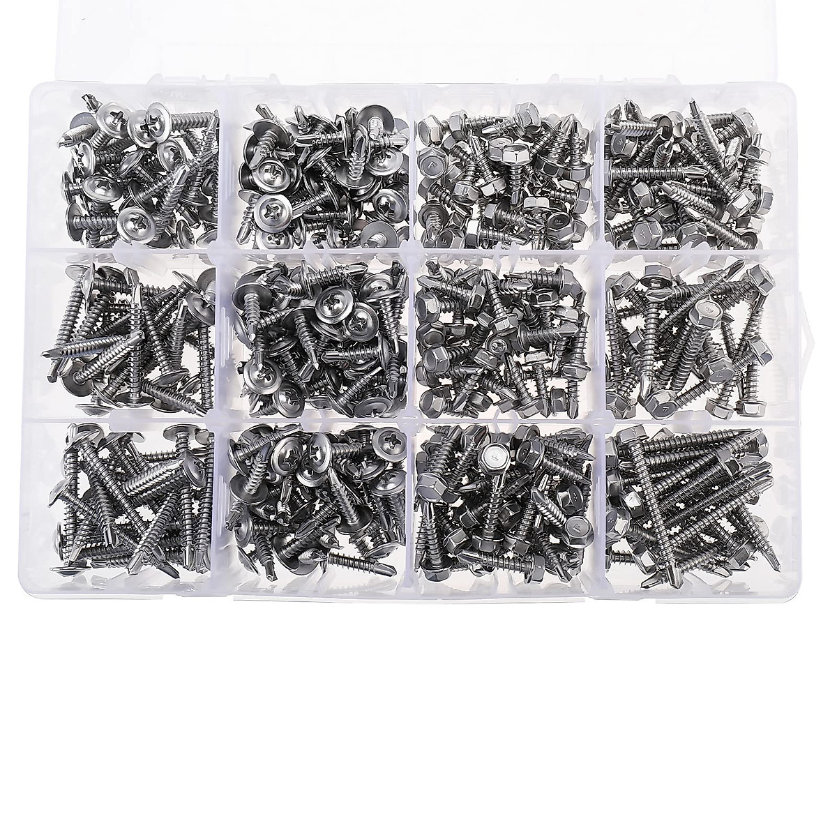 Toolly 400PCS #8 x 1/2" to 1-1/2" Self Drilling TEK Screws Assortment Kit, Hex Washer Head & Wafer Head, 410 Stainless Steel Self Tapping Sheet Metal Screws for Metal, Wood, Plastics