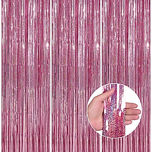 Crosize 3 Pack 3.3 x 9.9 ft Pink Foil Fringe Backdrop Curtain, Streamer Backdrop Curtains, Birthday Party Decorations, Pink Tinsel Curtain for Parties, Galentines Decor, Preppy, Baby Shower