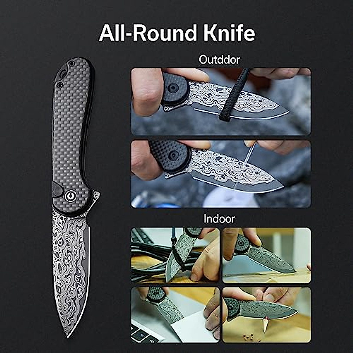 CIVIVI Elementum II Pocket Folding Knife, 2.96" Damascus Blade Utility Knife with Deep Carry Pocket Clip for EDC C18062PB-DS1