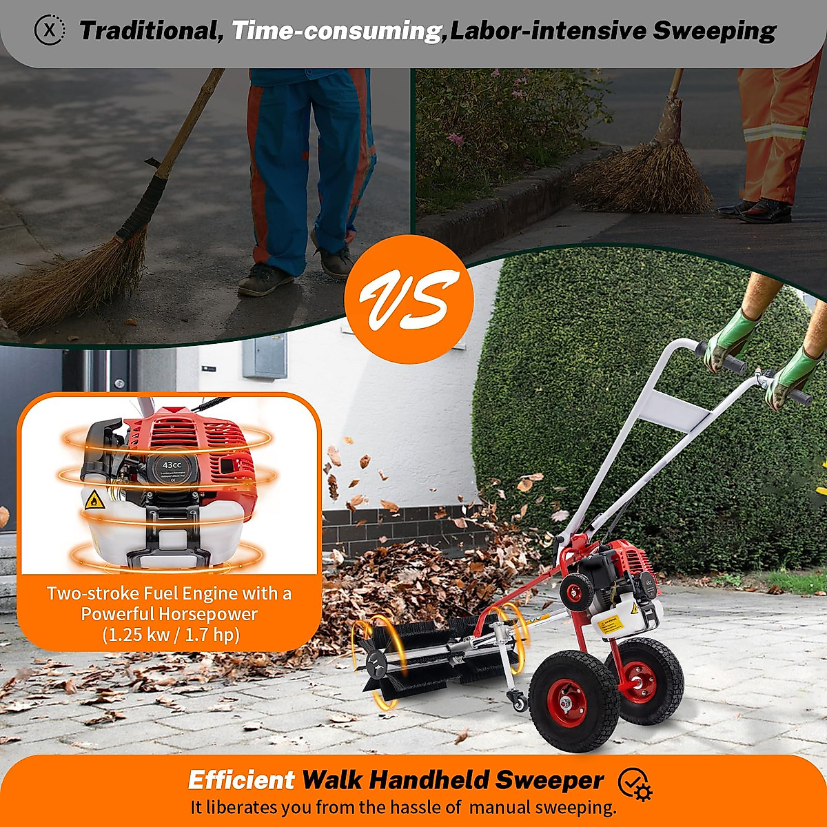 Outdoor Walk Behind Sweeping Gas Power Broom, 1.7HP 43CC Powerful Device with 2-Stroke Petrol Engine for Clean Driveways and Sidewalks, Parks and Other Flat Surfaces,Air-Cooled System