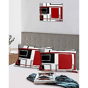 Edwiinsa Red Gray Black Geometric Pillow Covers King Standard Set of 2 20x36 Bed Pillow, Modern Abstract Art Aesthetics Plush Soft Comfort for Hair/Skin Cooling Pillowcases with Envelop Closure