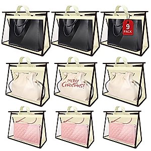 YSYJ Dust Bags for Handbags, 9 Pack Purse Storage Organizer for Closet, Clear Handbag Organizer Purse Dust Cover Closet Hanging Organizer Bag with Zipper & Handles (Cream)