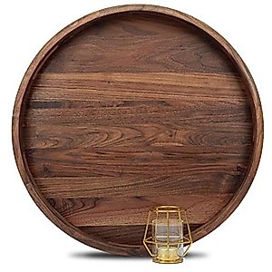 MAGIGO 20 Inches Extra Large Round Black Walnut Wood Ottoman Tray with Handles, Serve Tea, Coffee or Breakfast in Bed, Classic Circular Wooden Decorative Serving Tray