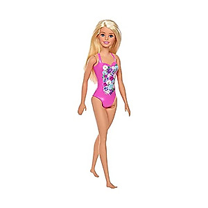 Barbie Doll, Blonde, Wearing Pink and Blue Floral Swimsuit, for Kids 3 to 7 Years Old