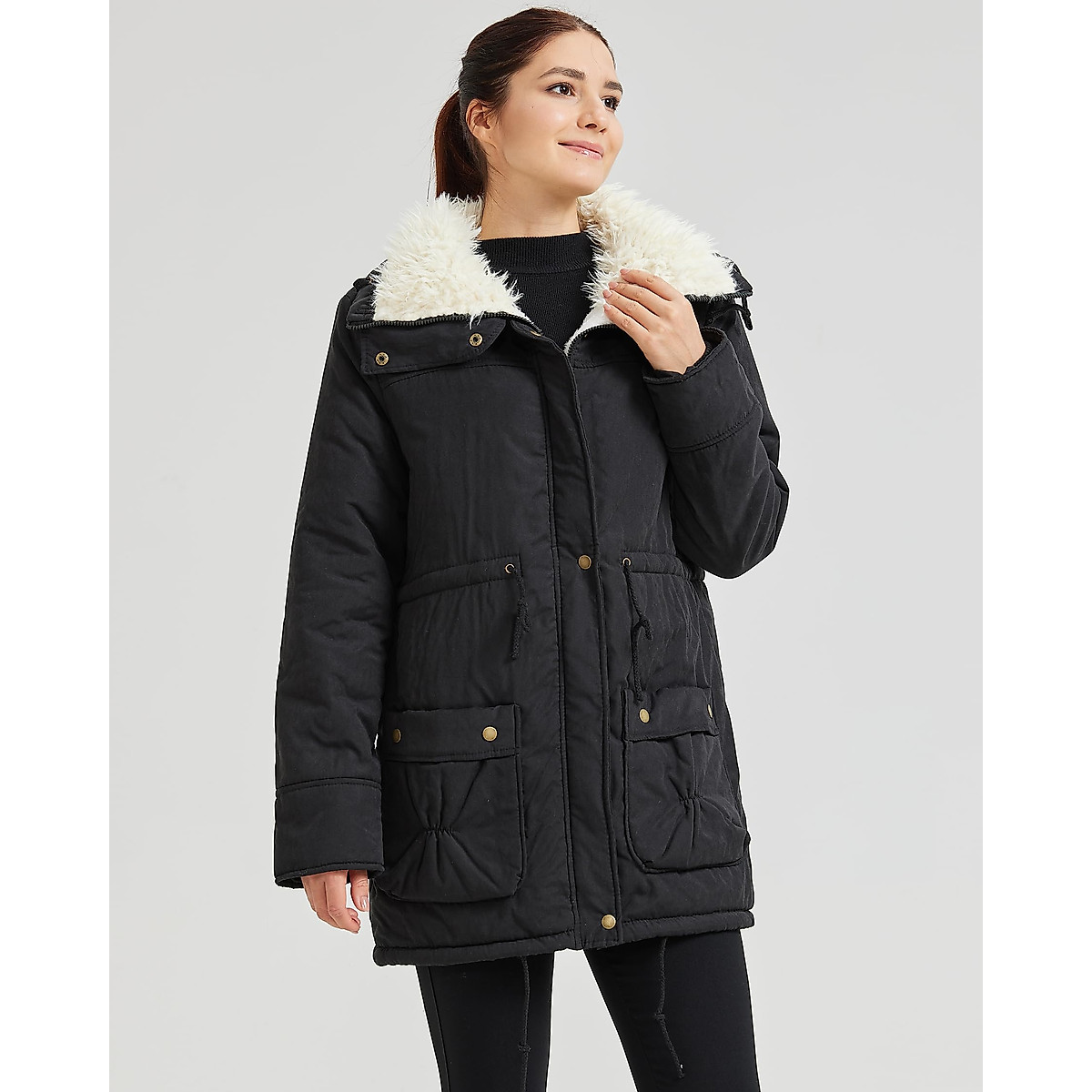 MEWOW Women's Winter Mid Length Thick Warm Faux Lamb Wool Lined Jacket Coat (M, Black)